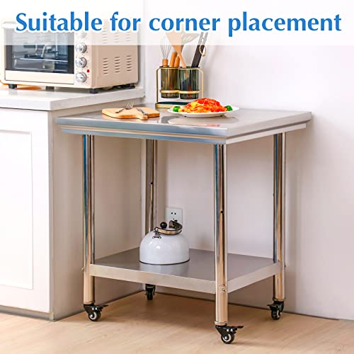 Stainless Steel Table with Wheels Caster 31.5 x 23.6 Inch Commercial Heavy Duty Table Prep Work Metal Table Stainless Steel Cart with Undershelf and Galvanized Legs for Kitchen Restaurant Home Outdoor