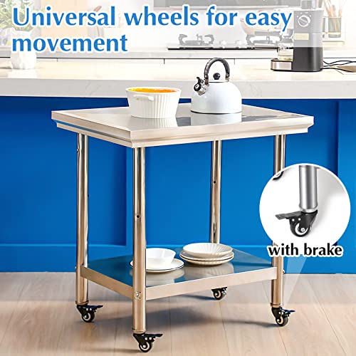 Stainless Steel Table with Wheels Caster 31.5 x 23.6 Inch Commercial Heavy Duty Table Prep Work Metal Table Stainless Steel Cart with Undershelf and Galvanized Legs for Kitchen Restaurant Home Outdoor