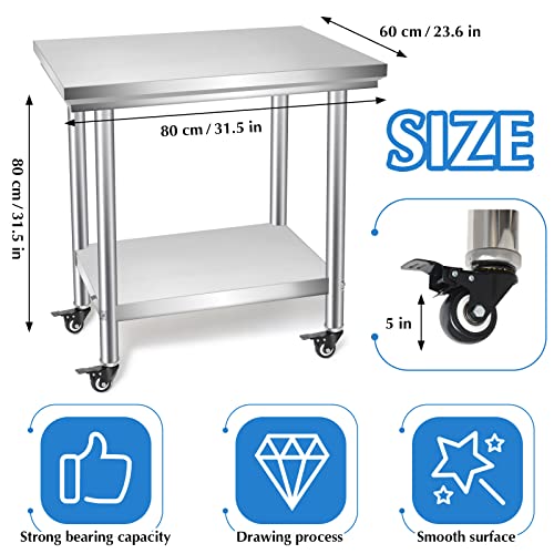 Stainless Steel Table with Wheels Caster 31.5 x 23.6 Inch Commercial Heavy Duty Table Prep Work Metal Table Stainless Steel Cart with Undershelf and Galvanized Legs for Kitchen Restaurant Home Outdoor