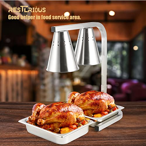 Restlrious Food Heat Lamp Commercial Dual Head Food Warmer, Stainless Steel Fan-Shaped Food Heater 2 Packs w/ 4 Bulbs, Full & Half Size Food Pan, Drain Board for Hotel Buffet Food Service, 500W