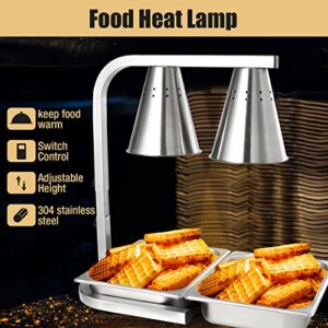 Restlrious Food Heat Lamp Commercial Dual Head Food Warmer, Stainless Steel Fan-Shaped Food Heater 2 Packs w/ 4 Bulbs, Full & Half Size Food Pan, Drain Board for Hotel Buffet Food Service, 500W