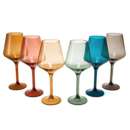 European Style Crystal, Stemmed Wine Glasses, Acrylic Glasses Tritan Drinkware, Unbreakable Muted Color | Set of 6 | Shatterproof BPA-free plastic, Reusable, All Purpose Glassware, Hand Wash Only 15oz