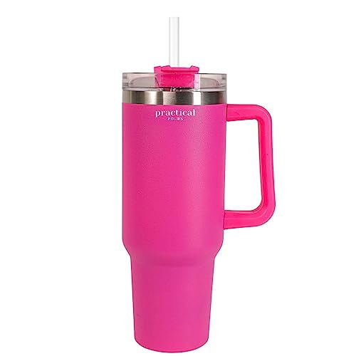 Practical Pours 40oz Insulated Tumbler Mug with Handle | For Water, Coffee, Cold and Hot Drinks | Double Wall Stainless Steel, Wide Straw, Adjustable Lid | Dishwasher Safe, BPA Free, Fuchsia