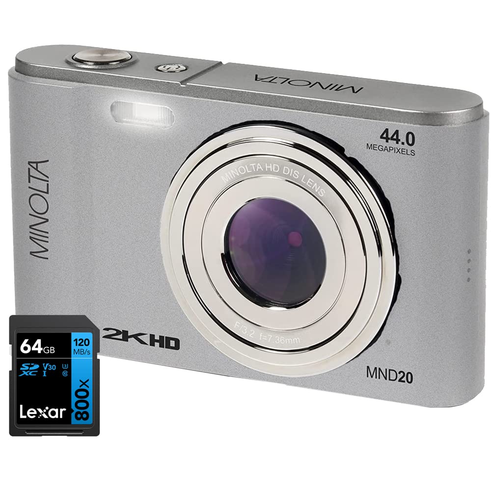 Minolta MND20-S 44 MP / 2.7K Ultra HD Digital Camera Silver Bundle with Lexar 64GB High-Performance 800x UHS-I SDHC Memory Card Blue Series