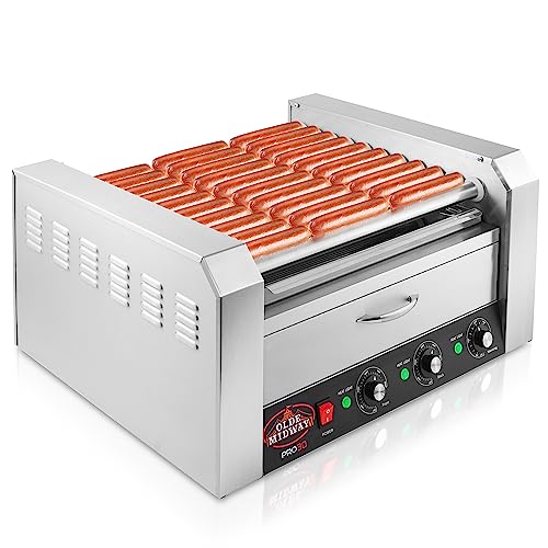 Olde Midway Electric 30 Hot Dog 11 Roller Grill Cooker Machine with Bun Warming Drawer - Commercial Grade, Stainless Steel