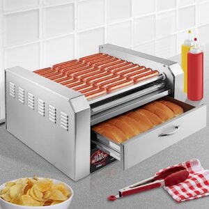 Olde Midway Electric 30 Hot Dog 11 Roller Grill Cooker Machine with Bun Warming Drawer - Commercial Grade, Stainless Steel