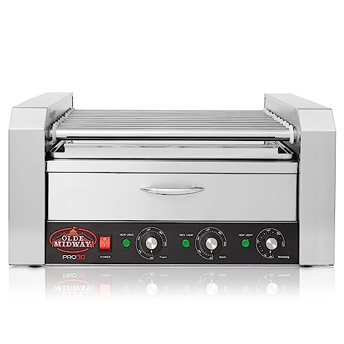 Olde Midway Electric 30 Hot Dog 11 Roller Grill Cooker Machine with Bun Warming Drawer - Commercial Grade, Stainless Steel