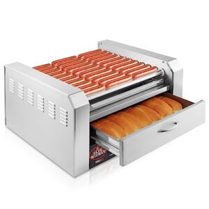 Olde Midway Electric 30 Hot Dog 11 Roller Grill Cooker Machine with Bun Warming Drawer - Commercial Grade, Stainless Steel