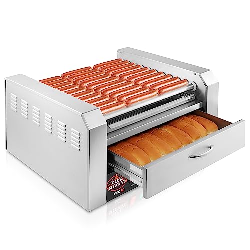 Olde Midway Electric 30 Hot Dog 11 Roller Grill Cooker Machine with Bun Warming Drawer - Commercial Grade, Stainless Steel