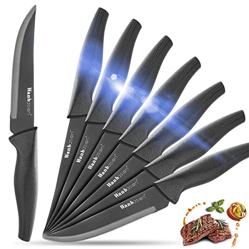 Wanbasion Black Non Serrated Steak Knives Set, Steak Knife Set Dishwasher Safe, Sharp Steak Knives Set for Kitchen with Ergonomic Handles