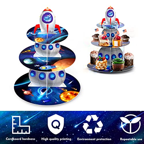 3 Tiers Rocket Space Station Cupcake Stand Outer Space Birthday Party Cardboard Cupcake Holder Decorations Galaxy Party Dessert Tower Solar System Party Supplies for Kids Space Themed Baby Shower