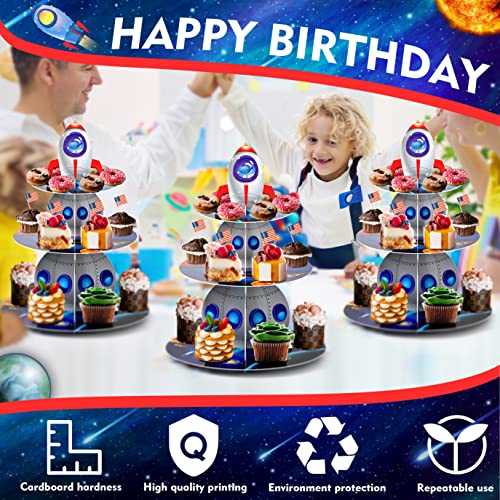 3 Tiers Rocket Space Station Cupcake Stand Outer Space Birthday Party Cardboard Cupcake Holder Decorations Galaxy Party Dessert Tower Solar System Party Supplies for Kids Space Themed Baby Shower