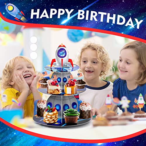 3 Tiers Rocket Space Station Cupcake Stand Outer Space Birthday Party Cardboard Cupcake Holder Decorations Galaxy Party Dessert Tower Solar System Party Supplies for Kids Space Themed Baby Shower