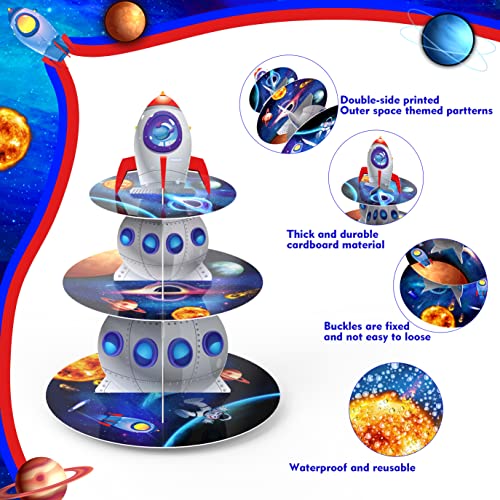 3 Tiers Rocket Space Station Cupcake Stand Outer Space Birthday Party Cardboard Cupcake Holder Decorations Galaxy Party Dessert Tower Solar System Party Supplies for Kids Space Themed Baby Shower