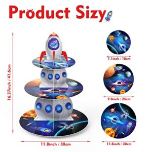 3 Tiers Rocket Space Station Cupcake Stand Outer Space Birthday Party Cardboard Cupcake Holder Decorations Galaxy Party Dessert Tower Solar System Party Supplies for Kids Space Themed Baby Shower