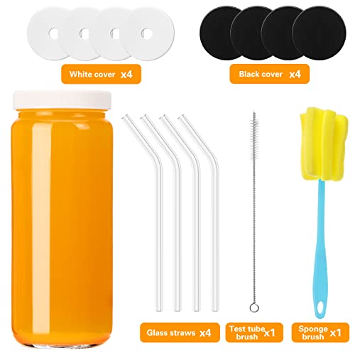 CUCUMI 4pcs 16oz Glass Juice Bottles with Lids, Reusable Juice Containers Drinking Jars Water Cups with Brush, Glass Straws, Lids with Hole