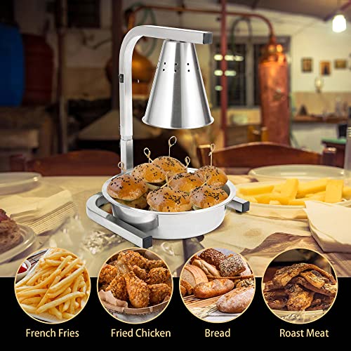 Restlrious Food Heat Lamp Freestanding Commercial Single Head Food Warmer with Round Food Pan, Stainless Steel 120V Electric Food Heat Lamp with a 250W Clear Bulb for Buffet Food Service