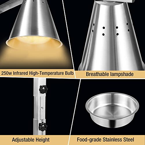 Restlrious Food Heat Lamp Freestanding Commercial Single Head Food Warmer with Round Food Pan, Stainless Steel 120V Electric Food Heat Lamp with a 250W Clear Bulb for Buffet Food Service