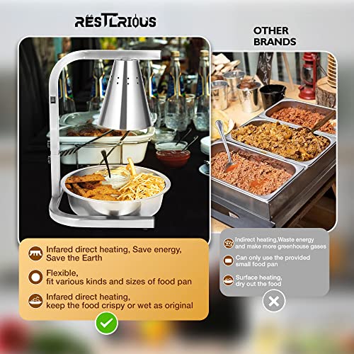 Restlrious Food Heat Lamp Freestanding Commercial Single Head Food Warmer with Round Food Pan, Stainless Steel 120V Electric Food Heat Lamp with a 250W Clear Bulb for Buffet Food Service