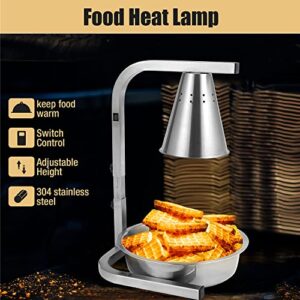 Restlrious Food Heat Lamp Freestanding Commercial Single Head Food Warmer with Round Food Pan, Stainless Steel 120V Electric Food Heat Lamp with a 250W Clear Bulb for Buffet Food Service