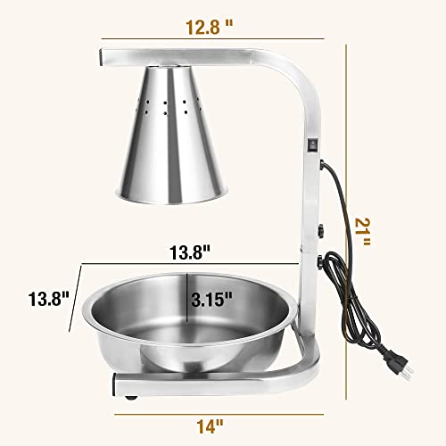 Restlrious Food Heat Lamp Freestanding Commercial Single Head Food Warmer with Round Food Pan, Stainless Steel 120V Electric Food Heat Lamp with a 250W Clear Bulb for Buffet Food Service