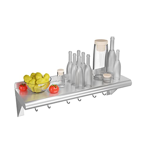 NCOEN 12 x 36 Stainless-Steel-Shelf Wall Mounted with 6 Hooks 250lbs, 304 Stainless Steel Wall Shelf for Commercial Restaurant, Kitchen, Home and Bar Stainless-Steel-Shelves