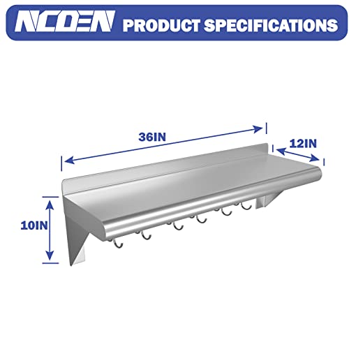 NCOEN 12 x 36 Stainless-Steel-Shelf Wall Mounted with 6 Hooks 250lbs, 304 Stainless Steel Wall Shelf for Commercial Restaurant, Kitchen, Home and Bar Stainless-Steel-Shelves