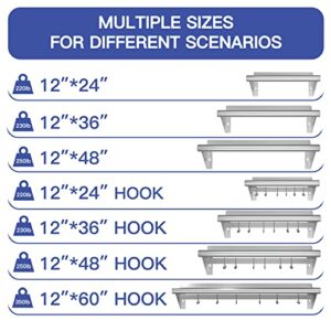 NCOEN 12 x 36 Stainless-Steel-Shelf Wall Mounted with 6 Hooks 250lbs, 304 Stainless Steel Wall Shelf for Commercial Restaurant, Kitchen, Home and Bar Stainless-Steel-Shelves