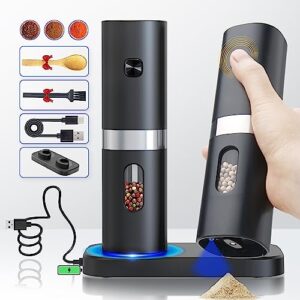 electric salt and pepper grinder set rechargeable battery operated with usb double charging base, automatic pepper shakers with spoon,adjustable coarseness,led light(black 2 mills)