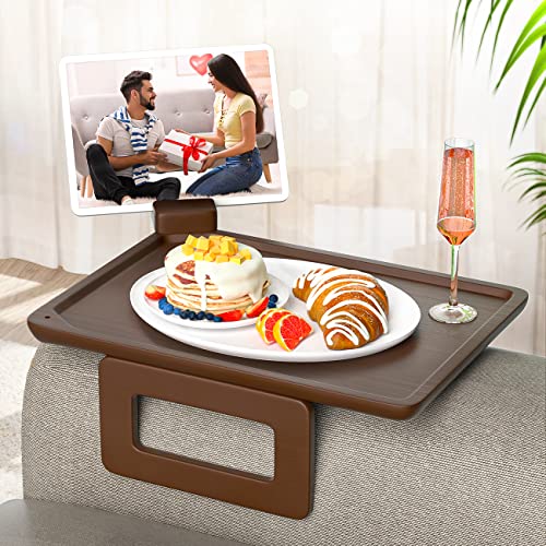 Bamboo Sofa Arm Tray Table Clip for Couches Arm, Multi-Function Foldable Side Table Couch Arm Tray with 360° Rotating Phone Holder, Suitable for Home Drinks/Remote/Snacks/Fast Food Et (Brown)