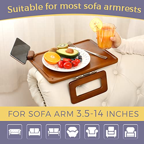 Bamboo Sofa Arm Tray Table Clip for Couches Arm, Multi-Function Foldable Side Table Couch Arm Tray with 360° Rotating Phone Holder, Suitable for Home Drinks/Remote/Snacks/Fast Food Et (Brown)