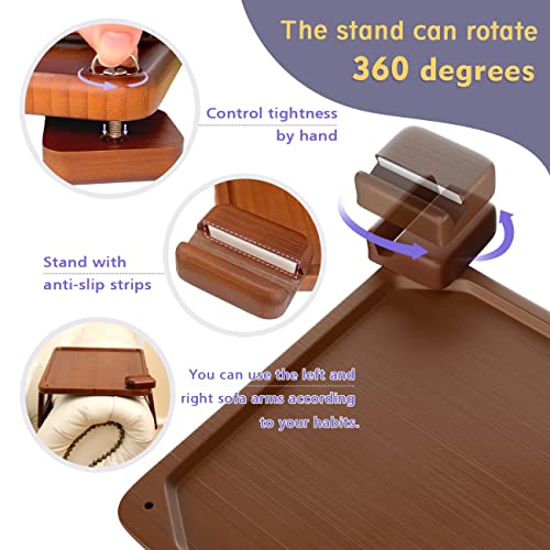 Bamboo Sofa Arm Tray Table Clip for Couches Arm, Multi-Function Foldable Side Table Couch Arm Tray with 360° Rotating Phone Holder, Suitable for Home Drinks/Remote/Snacks/Fast Food Et (Brown)