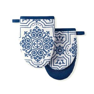 martha stewart strie medallion mini oven mitt 2-pack set, navy blue, 5.5"x8"