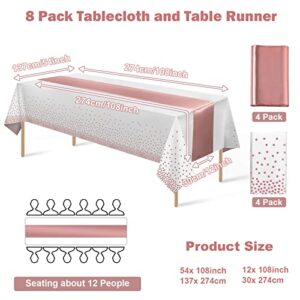 8Pack Disposable Plastic Tablecloths and Satin Table Runner Set White and Rose Gold Dot Tablecloth Rose Gold Satin Table Runner for Wedding Birthday Anniversary Christmas New Year Party Decorations