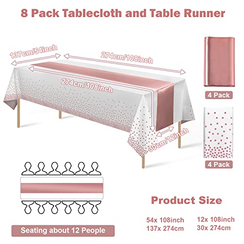 8Pack Disposable Plastic Tablecloths and Satin Table Runner Set White and Rose Gold Dot Tablecloth Rose Gold Satin Table Runner for Wedding Birthday Anniversary Christmas New Year Party Decorations