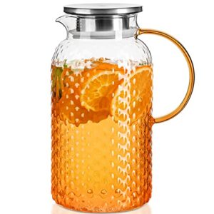 paracity glass pitcher squama designed 64 oz, high borosilicate water pitcher, iced tea pitcher with lid and spout, large bore design for easy cleaning, for cold/hot drinks, iced tea, juice, milk