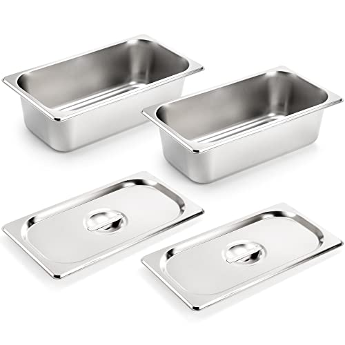 Kingrol 2 Pack 1/3 Size Hotel Pans with Lids, 3-5/8" Depth, 22 Gauge Steam Table Pan, Stainless Steel Counter pan, Food Service Pan for Kitchen