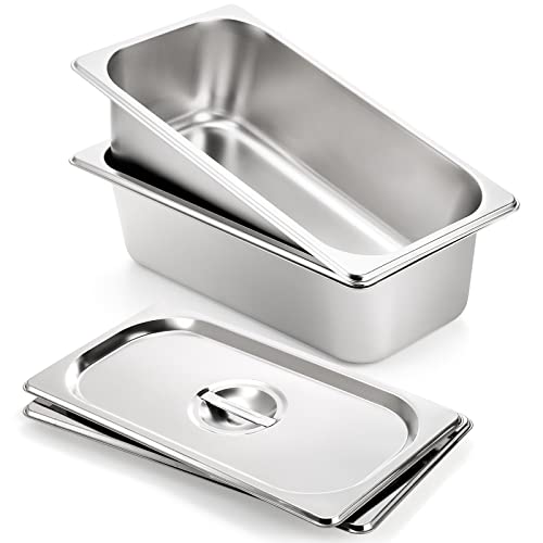 Kingrol 2 Pack 1/3 Size Hotel Pans with Lids, 3-5/8" Depth, 22 Gauge Steam Table Pan, Stainless Steel Counter pan, Food Service Pan for Kitchen