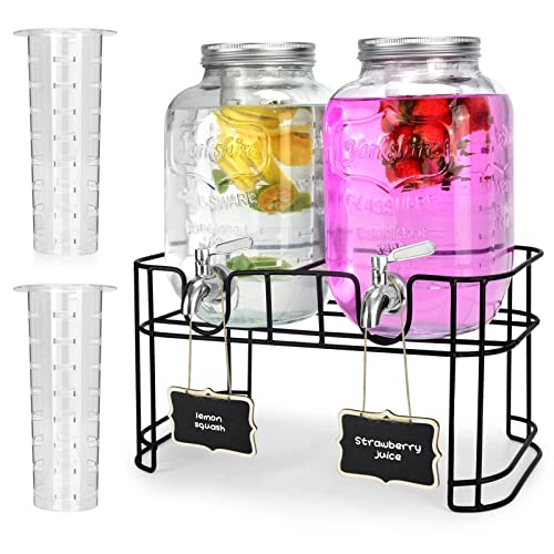 1 Gallon Glass Drink Dispensers For Parties 2PACK.Beverage Dispenser，Drink Dispenser With Stand And Stainless Steel Spigot 100% Leakproof.Glass Drink Dispenser With Ice Cylinder. Lemonade