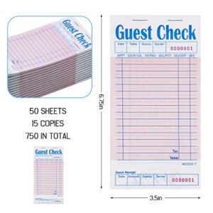 Rcybeo Guest Check Pads (15 Pack) Numbered Server Note Pads, Waitress Order Notepad, Food Receipt Book, 50 Checks Per Pad-Total 750 Restaurant Checks, Waitress Accessories