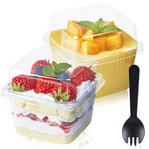 TOFLEN 50 Count 8 oz Clear Plastic Square Dessert Cups with Lids and 50 Sporks - Plastic Parfait Cups for Mousse Pudding Overnight Oats Yugurt Fruit - Party's Appetizer Serving Cups