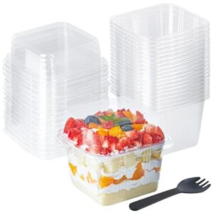 TOFLEN 50 Count 8 oz Clear Plastic Square Dessert Cups with Lids and 50 Sporks - Plastic Parfait Cups for Mousse Pudding Overnight Oats Yugurt Fruit - Party's Appetizer Serving Cups