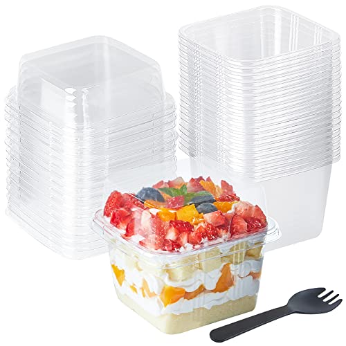 TOFLEN 50 Count 8 oz Clear Plastic Square Dessert Cups with Lids and 50 Sporks - Plastic Parfait Cups for Mousse Pudding Overnight Oats Yugurt Fruit - Party's Appetizer Serving Cups