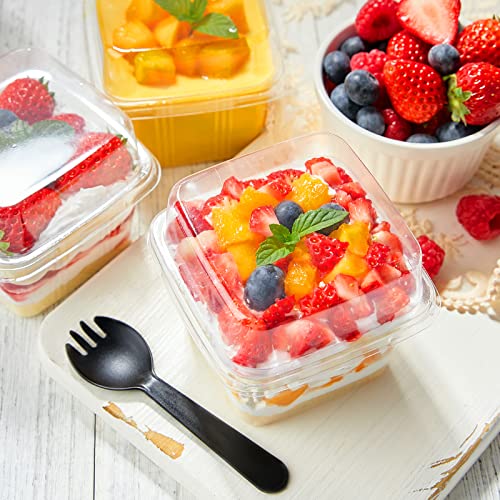 TOFLEN 50 Count 8 oz Clear Plastic Square Dessert Cups with Lids and 50 Sporks - Plastic Parfait Cups for Mousse Pudding Overnight Oats Yugurt Fruit - Party's Appetizer Serving Cups