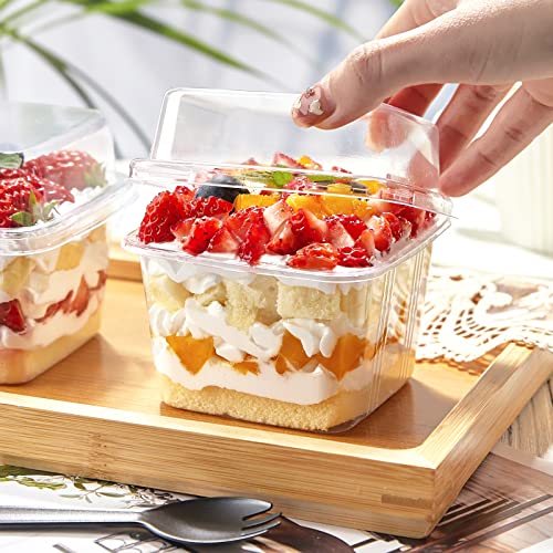 TOFLEN 50 Count 8 oz Clear Plastic Square Dessert Cups with Lids and 50 Sporks - Plastic Parfait Cups for Mousse Pudding Overnight Oats Yugurt Fruit - Party's Appetizer Serving Cups