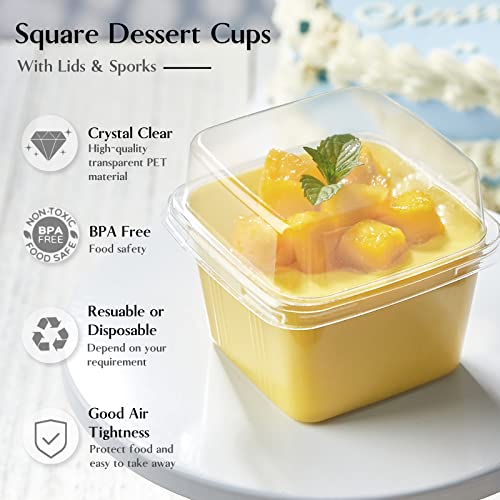 TOFLEN 50 Count 8 oz Clear Plastic Square Dessert Cups with Lids and 50 Sporks - Plastic Parfait Cups for Mousse Pudding Overnight Oats Yugurt Fruit - Party's Appetizer Serving Cups