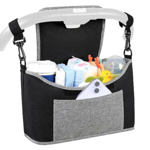 yoofoss baby stroller organizer stroller caddy - universal stroller organizer bag with insulated cup holder phone bag, stroller storage fits most baby and pet strollers, grey&black