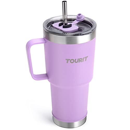 TOURIT 30oz Insulated Tumbler with Handle and Straw, 3 in 1 Sip-All-Way Reusable MagSlider Lid. Double Wall Sweat-proof BPA Free to Keep Beverages Cold For 24Hrs or Hot For 8Hrs - Violets