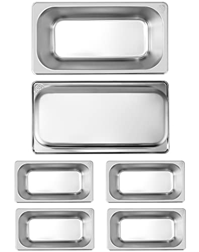 QWORK 1/3 Size Steam Table Pans, 6 Pack 4 Inch Deep 304 Stainless Steel Commercial Food Warmers, for Restaurants and Hotels, Anti-Clogging Table Steaming Pan