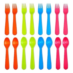 jawbush 16 pcs kids forks and spoons set, plastic toddler utensils kids silverware set with bright colors, reusable durable flatware set for lunch box, easy to use both for kids or adults, bpa free